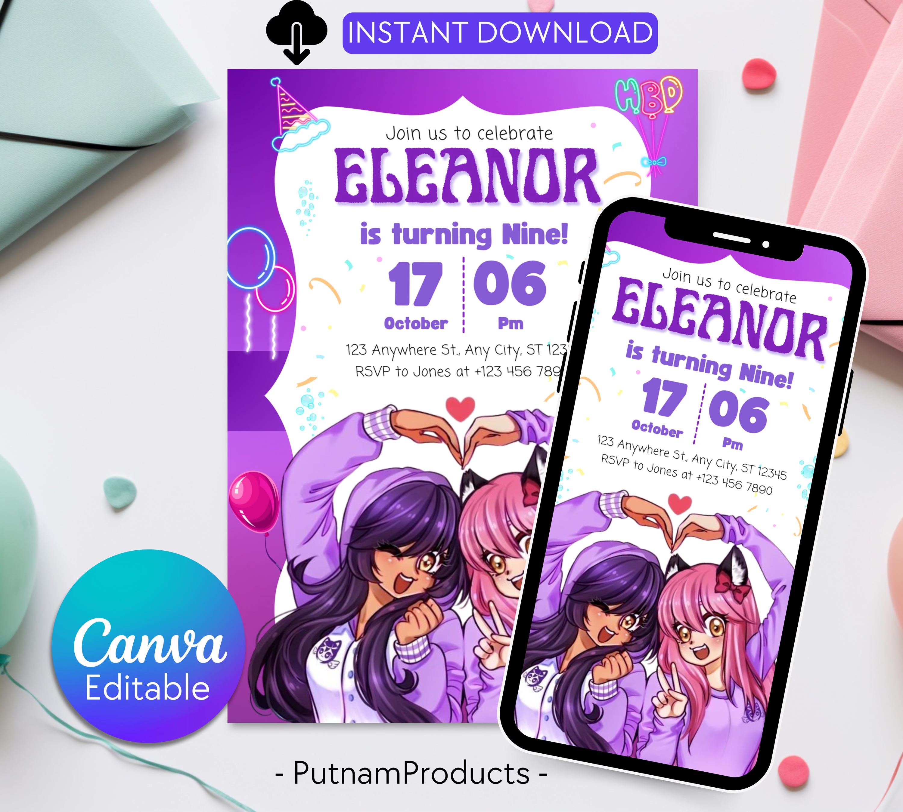 Aphmau Birthday Invitation| Printable Kids Invitation| Birthday Girl I ...